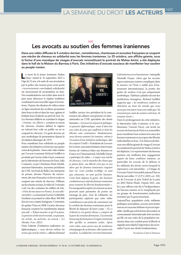 [LA SEMAINE DU DROIT] Les avocats au soutien des femmes iraniennes ...